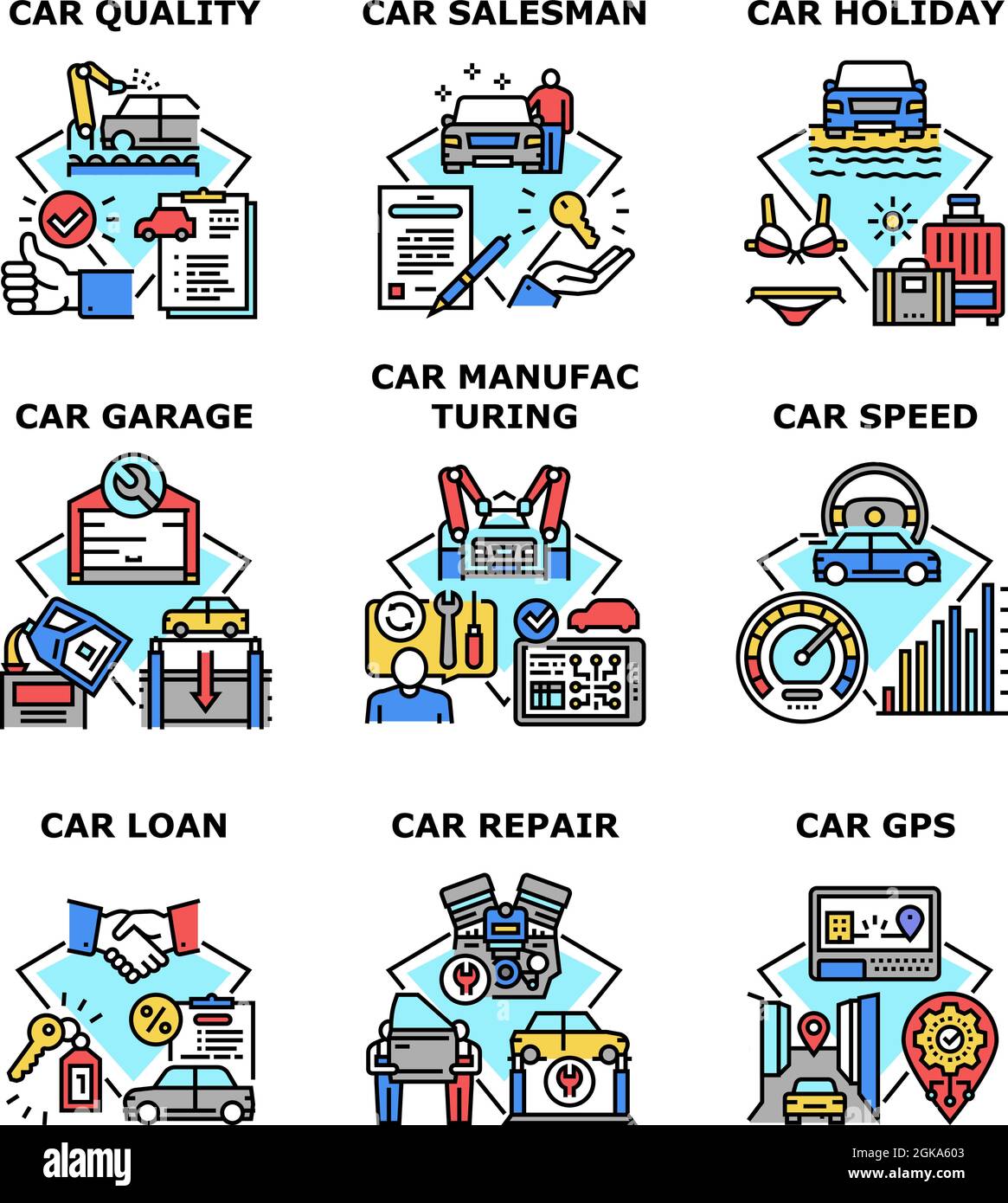 Car Manufacturing Set Icons Vector Illustrations Stock Vector Image ...