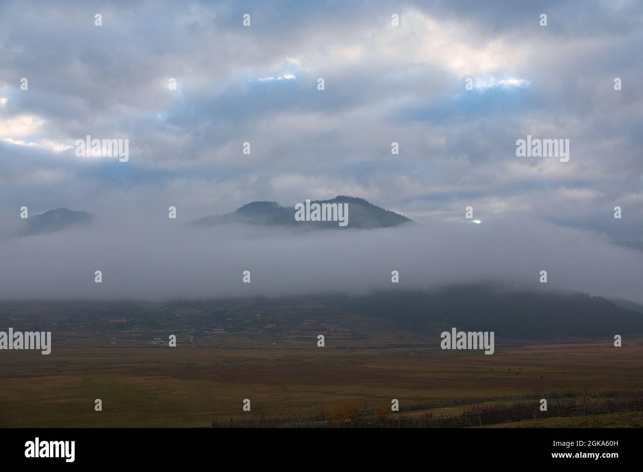 In the evening, the fog surrounds the trees, houses and mountains in ...