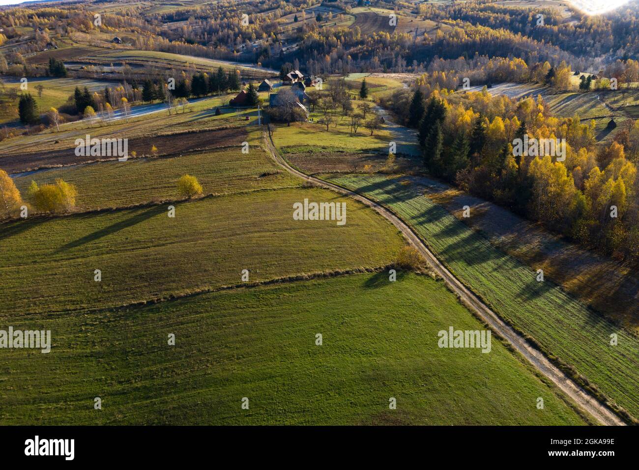Aerial view of autumn mountain countryside farm by drone Stock Photo ...