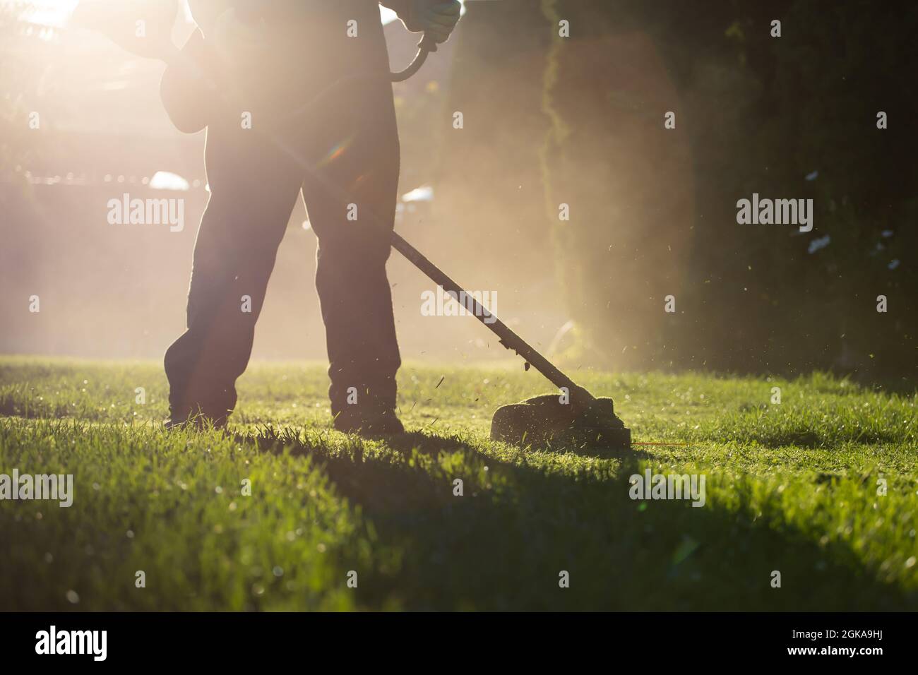 Mowing the grass with a lawn mower. Garden work concept background ...