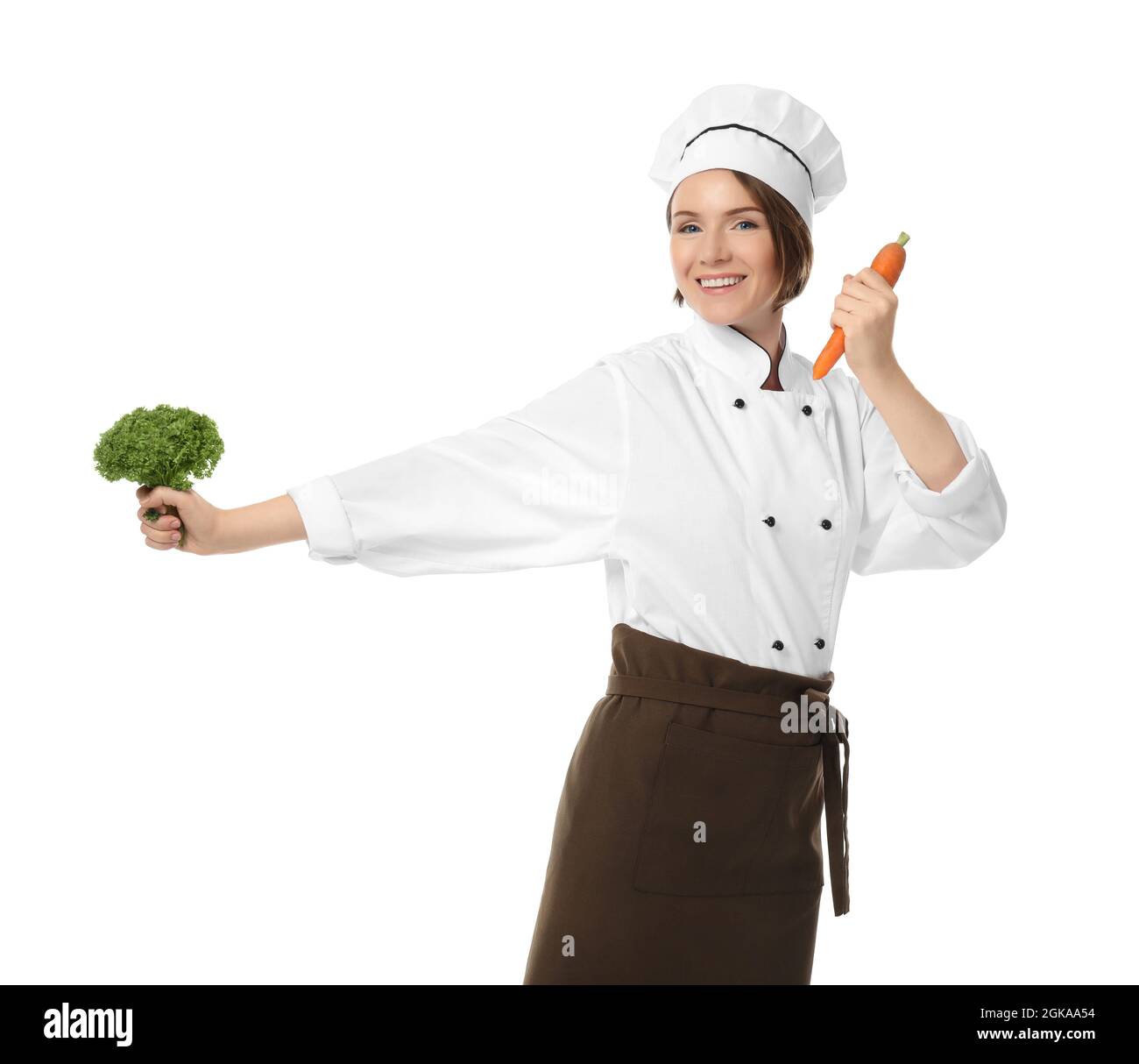 Female chef with vegetables on white background Stock Photo - Alamy