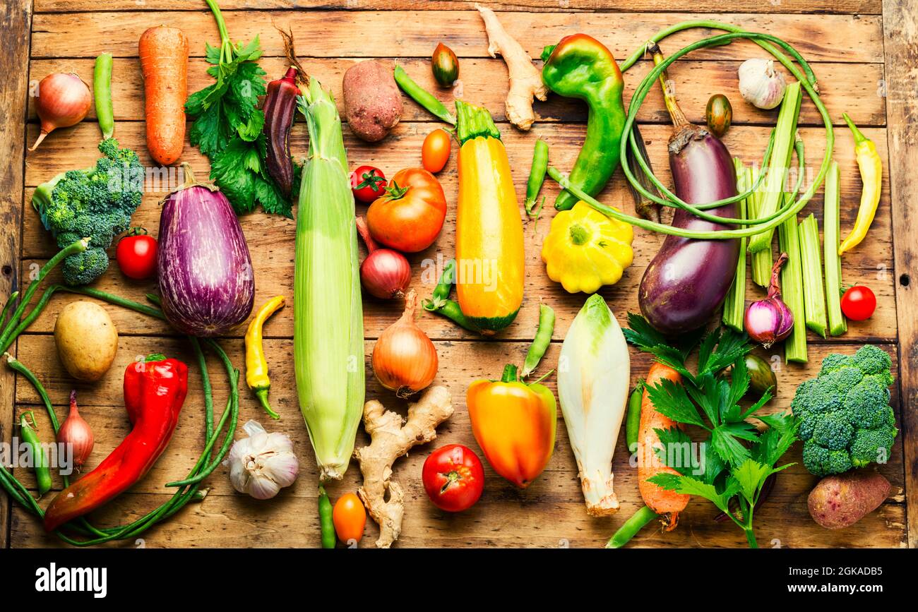 Collection of fresh summer vegetables.Assortment of raw vegetables on ...
