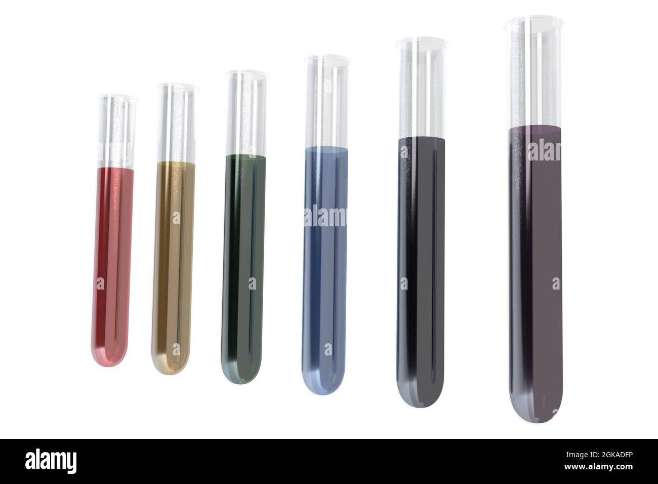 3D illustration of six test tubes containing colored liquids, isolated ...