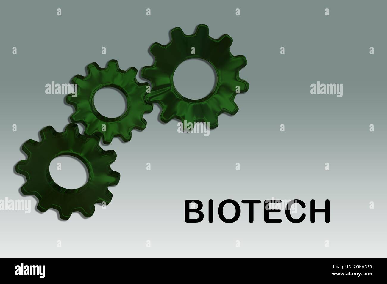 3D illustration of green gear wheel figures along with BIOTECH script ...