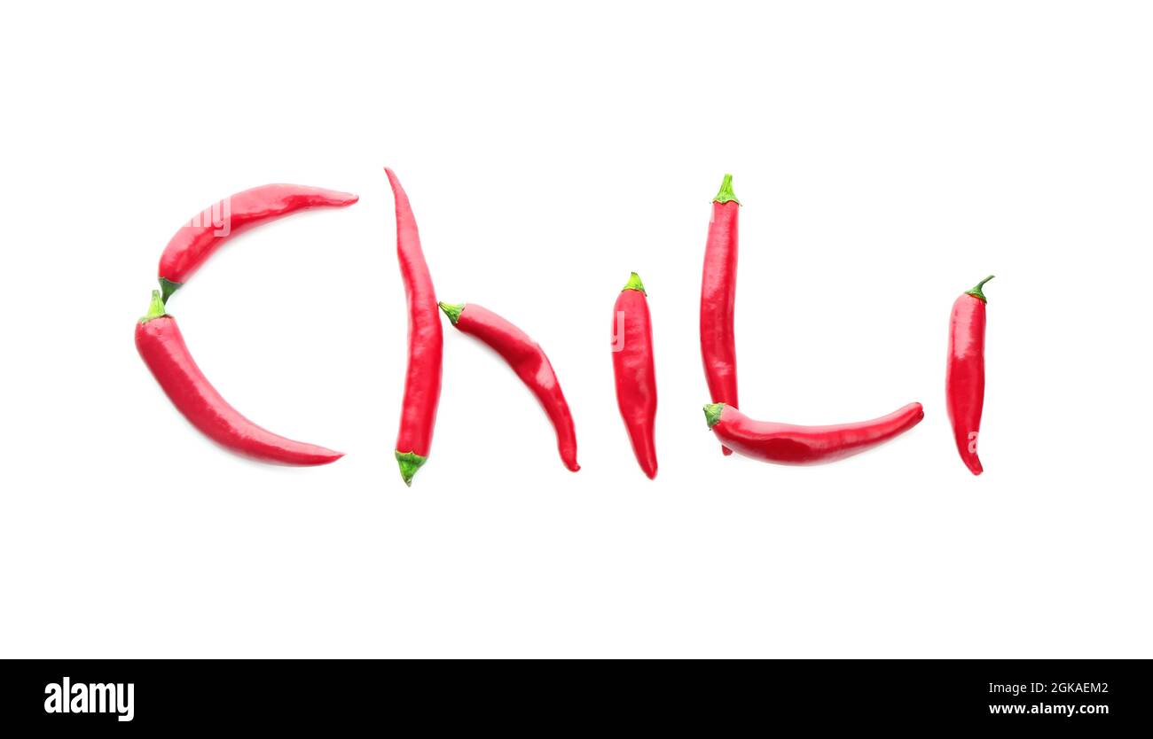 Word Chili made of red chili peppers isolated on white Stock Photo - Alamy