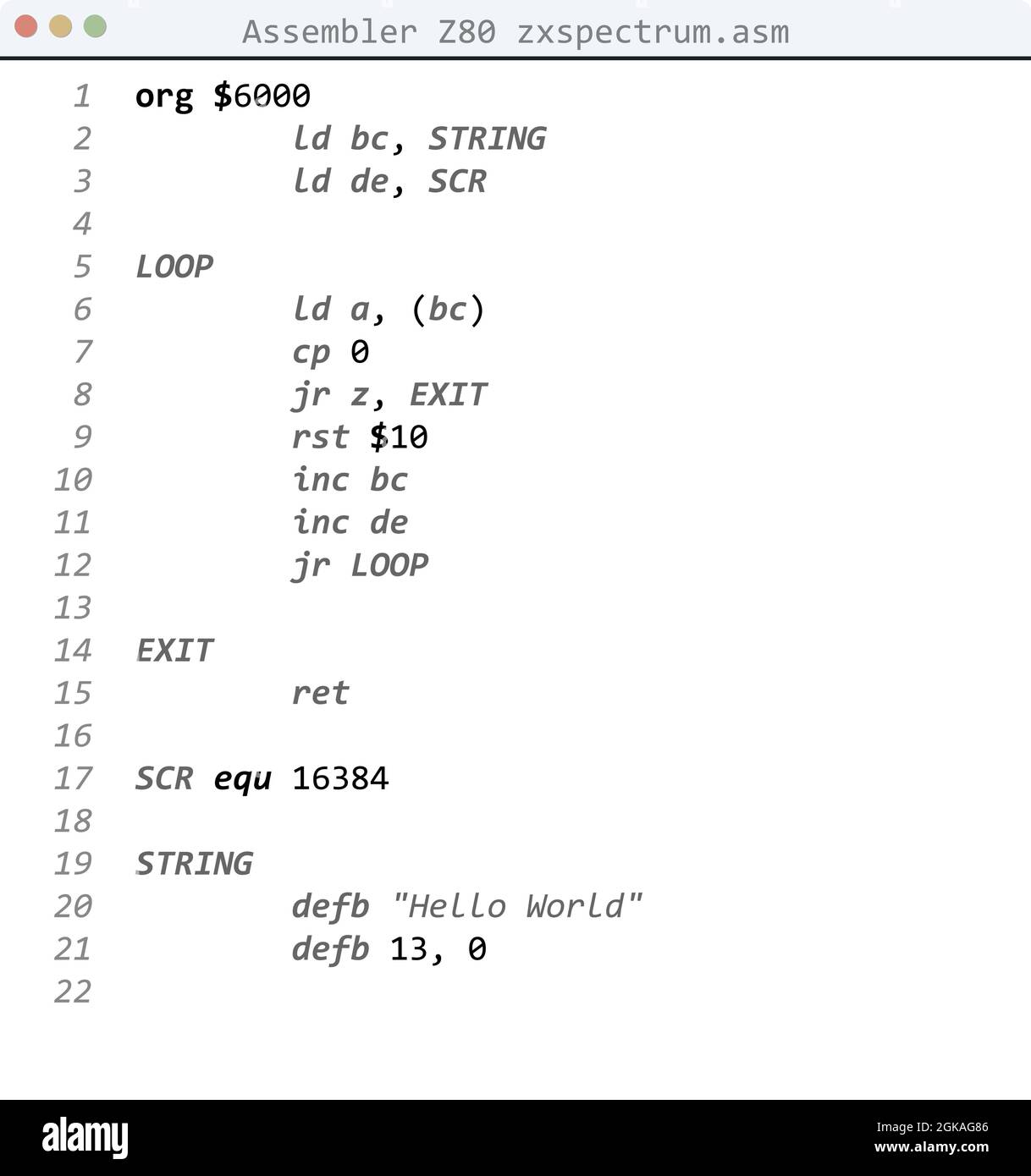 Assembler Z80 zxspectrum language Hello World program sample in editor ... Assembler Z80 zxspectrum language Hello World program sample in editor ...