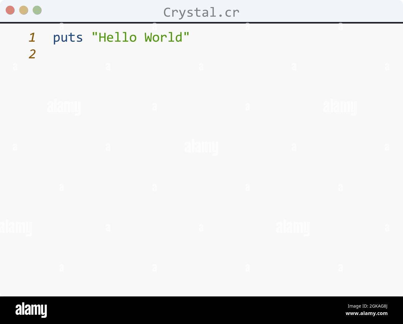 Crystal language Hello World program sample in editor window ... Crystal language Hello World program sample in editor window ...
