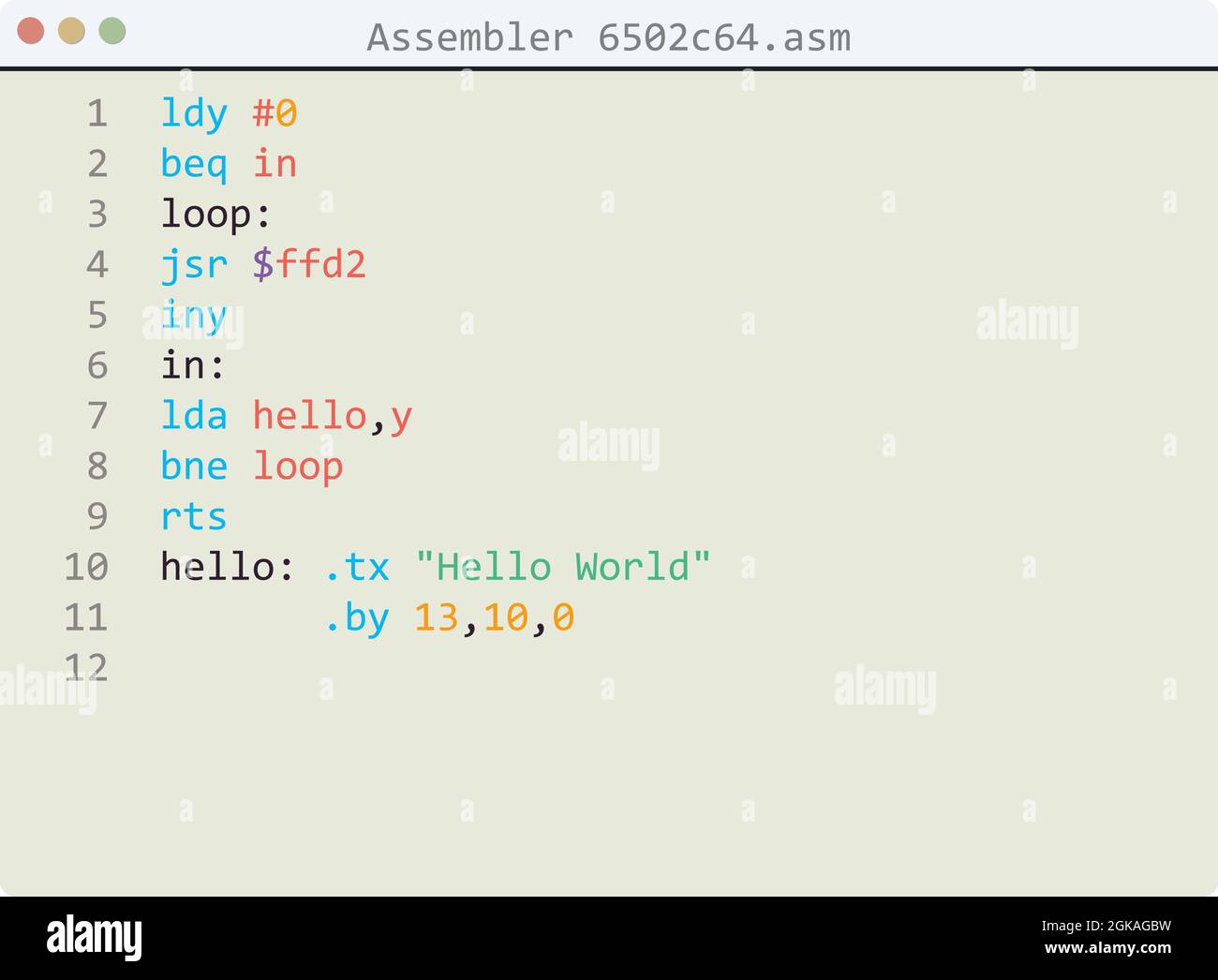 Assembler 6502c64 language Hello World program sample in editor window ... Assembler 6502c64 language Hello World program sample in editor window ...