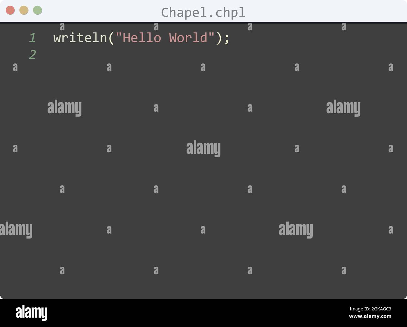 Chapel language Hello World program sample in editor window ...