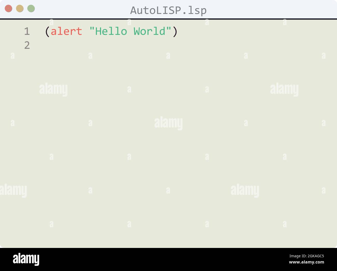 AutoLISP language Hello World program sample in editor window ...