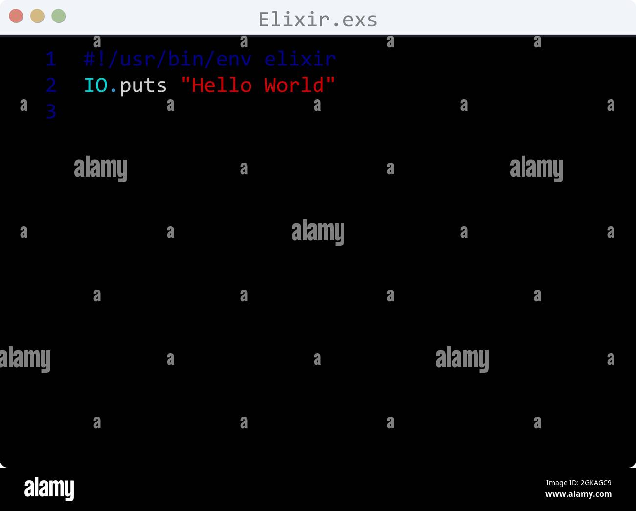 Elixir language Hello World program sample in editor window ...