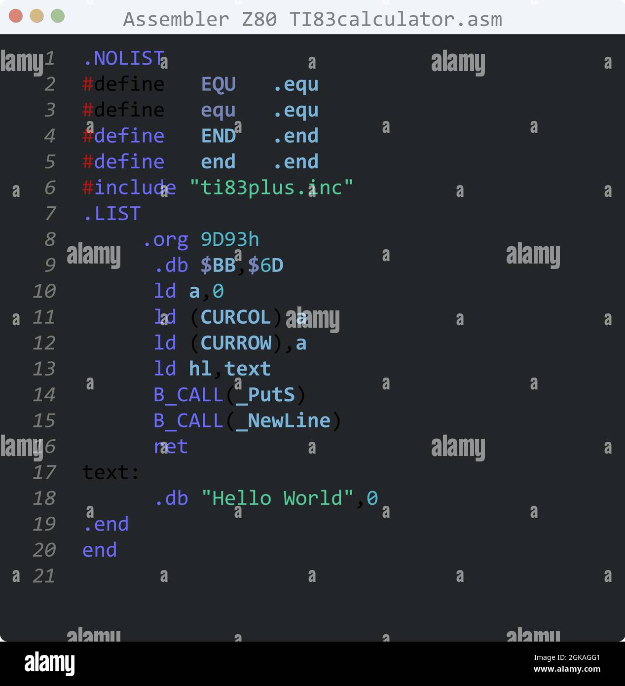 Assembler Z80 TI83calculator language Hello World program sample in editor window illustration ...