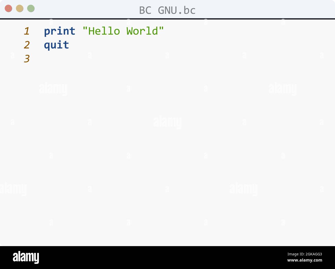BC GNU language Hello World program sample in editor window ...