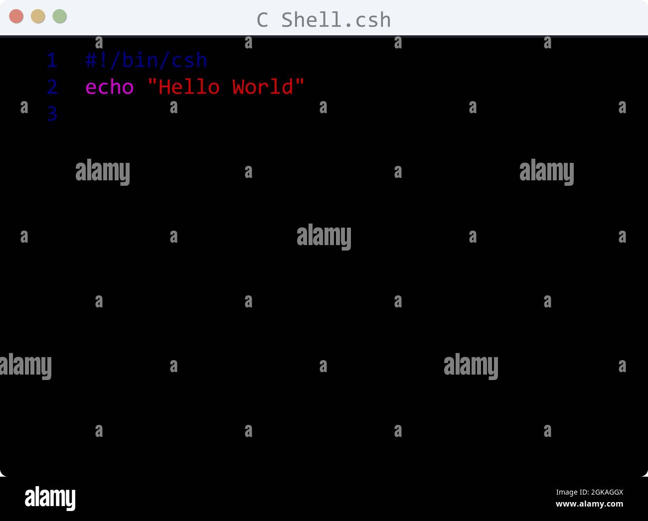 C Shell Language Hello World Program Sample In Editor Window Illustration Stock Vector Image 