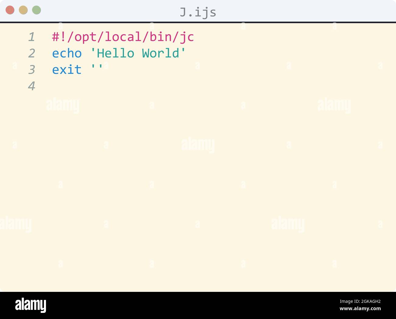 J language Hello World program sample in editor window illustration ...