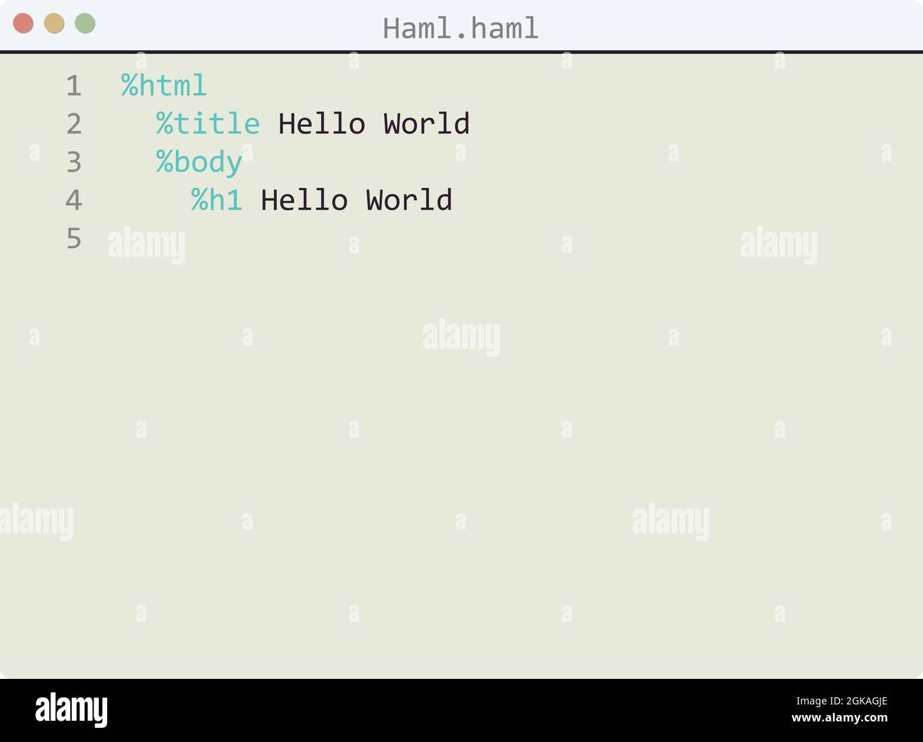 Haml language Hello World program sample in editor window illustration ...