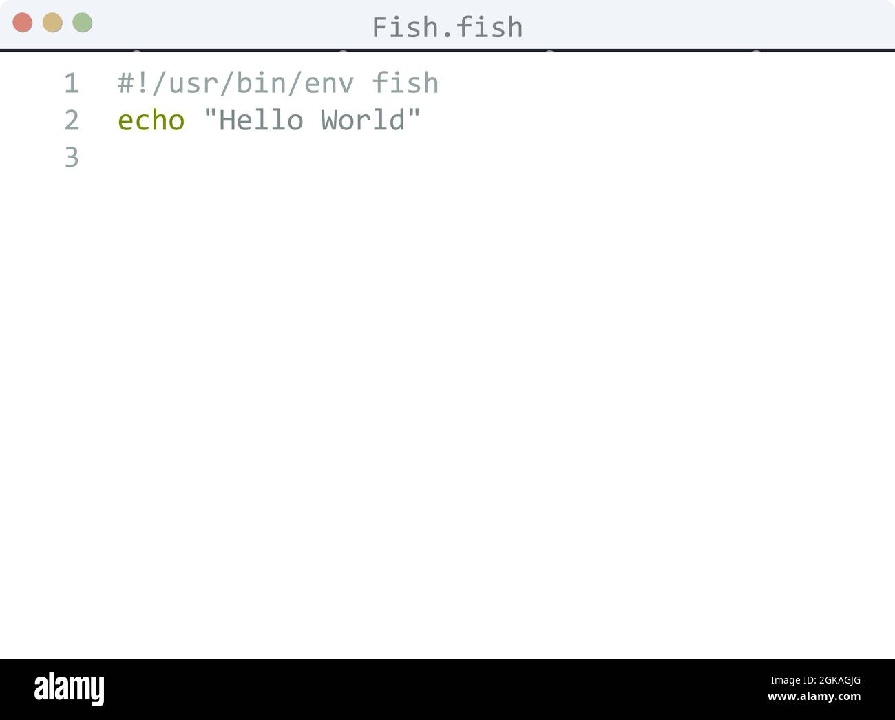 Fish language Hello World program sample in editor window illustration ... Fish language Hello World program sample in editor window illustration ...