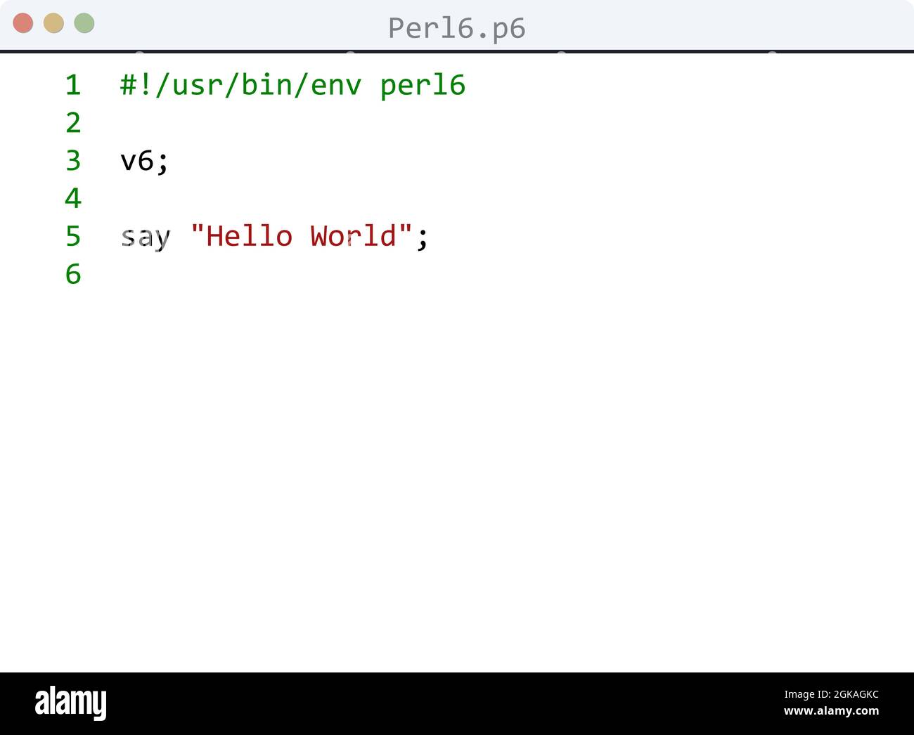 Perl6 language Hello World program sample in editor window illustration Stock Vector Image & Art ...