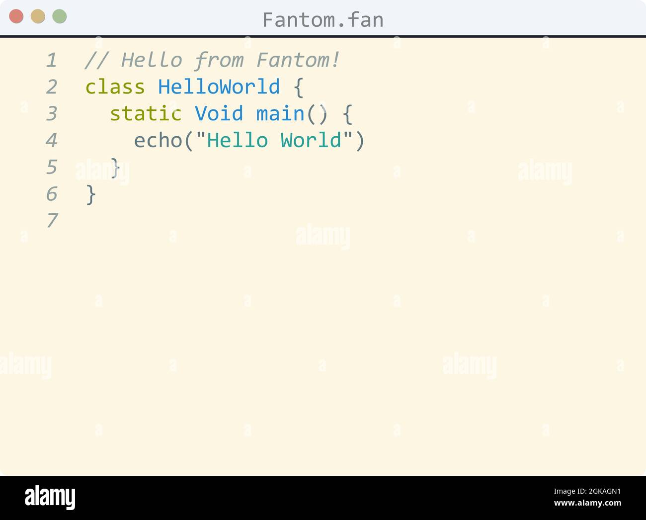 Fantom language Hello World program sample in editor window illustration Stock Vector Image ...