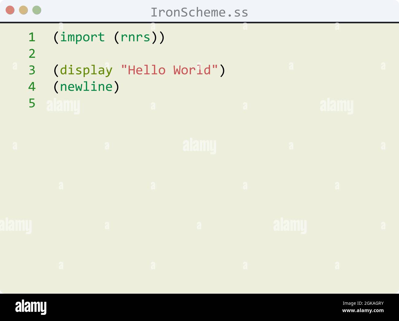 IronScheme language Hello World program sample in editor window ...