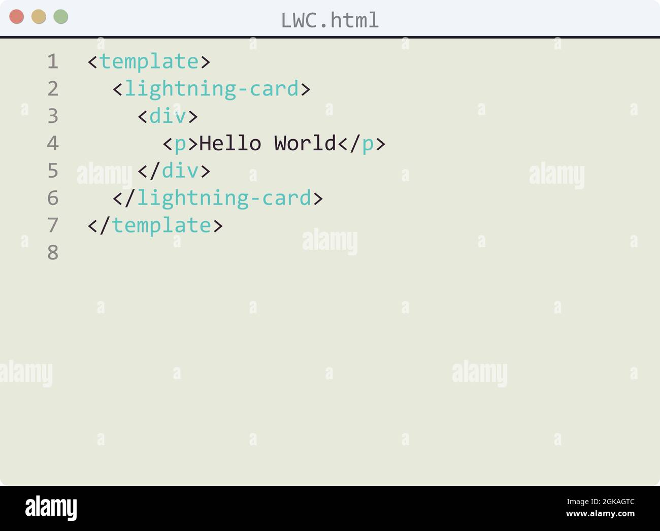 LWC language Hello World program sample in editor window illustration ... LWC language Hello World program sample in editor window illustration ...