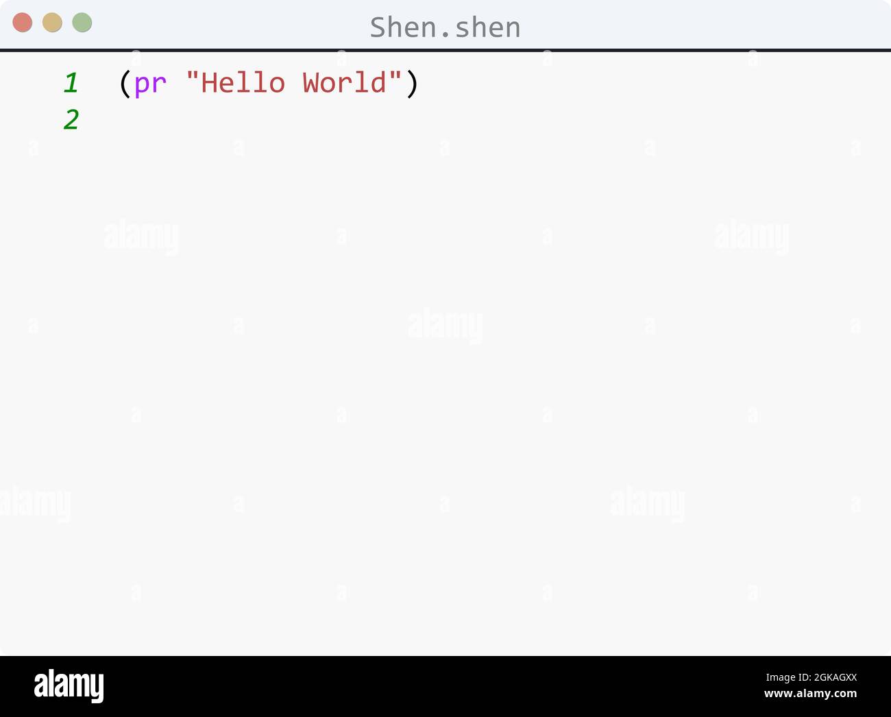 Shen language Hello World program sample in editor window illustration ...