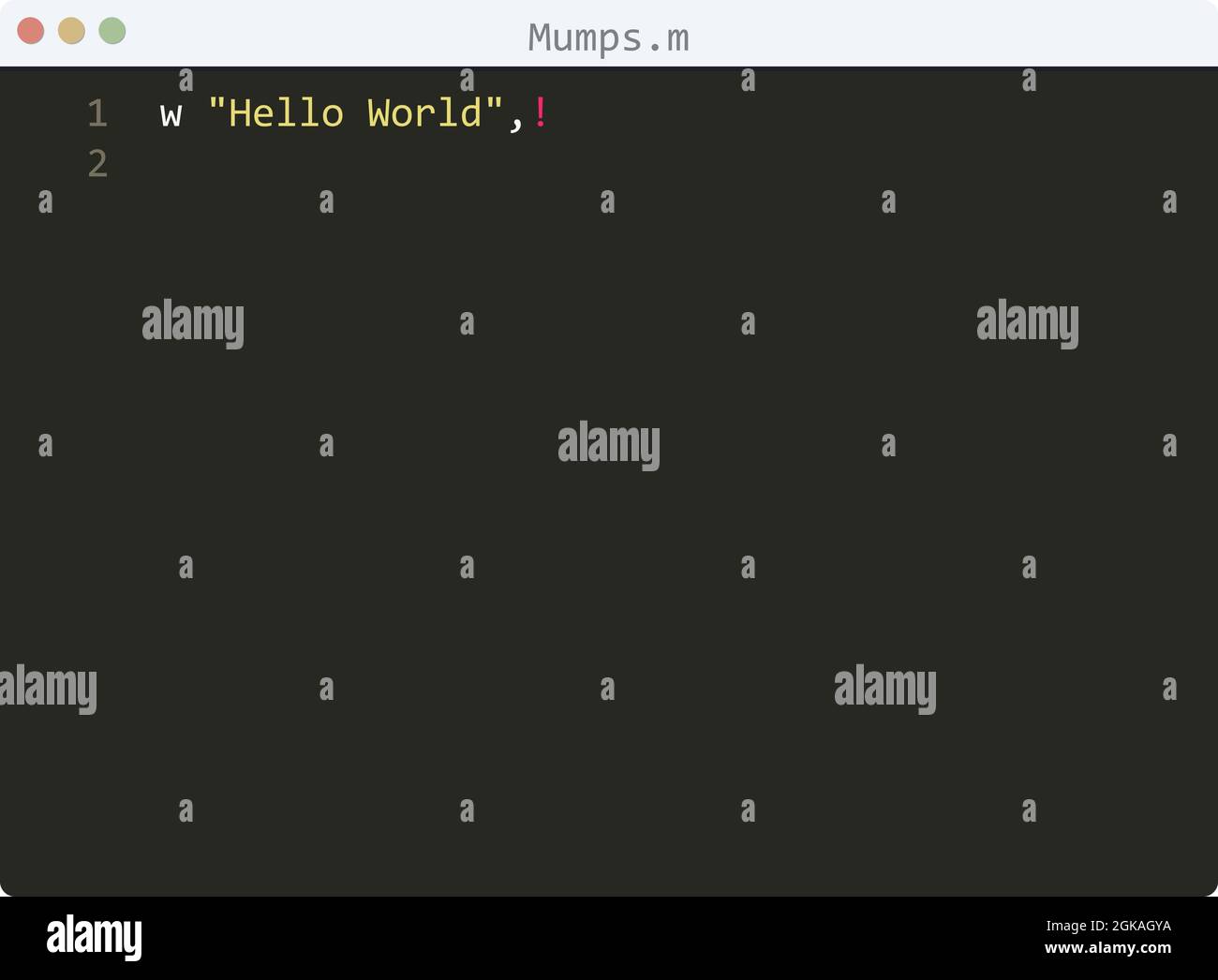 Mumps language Hello World program sample in editor window illustration ...