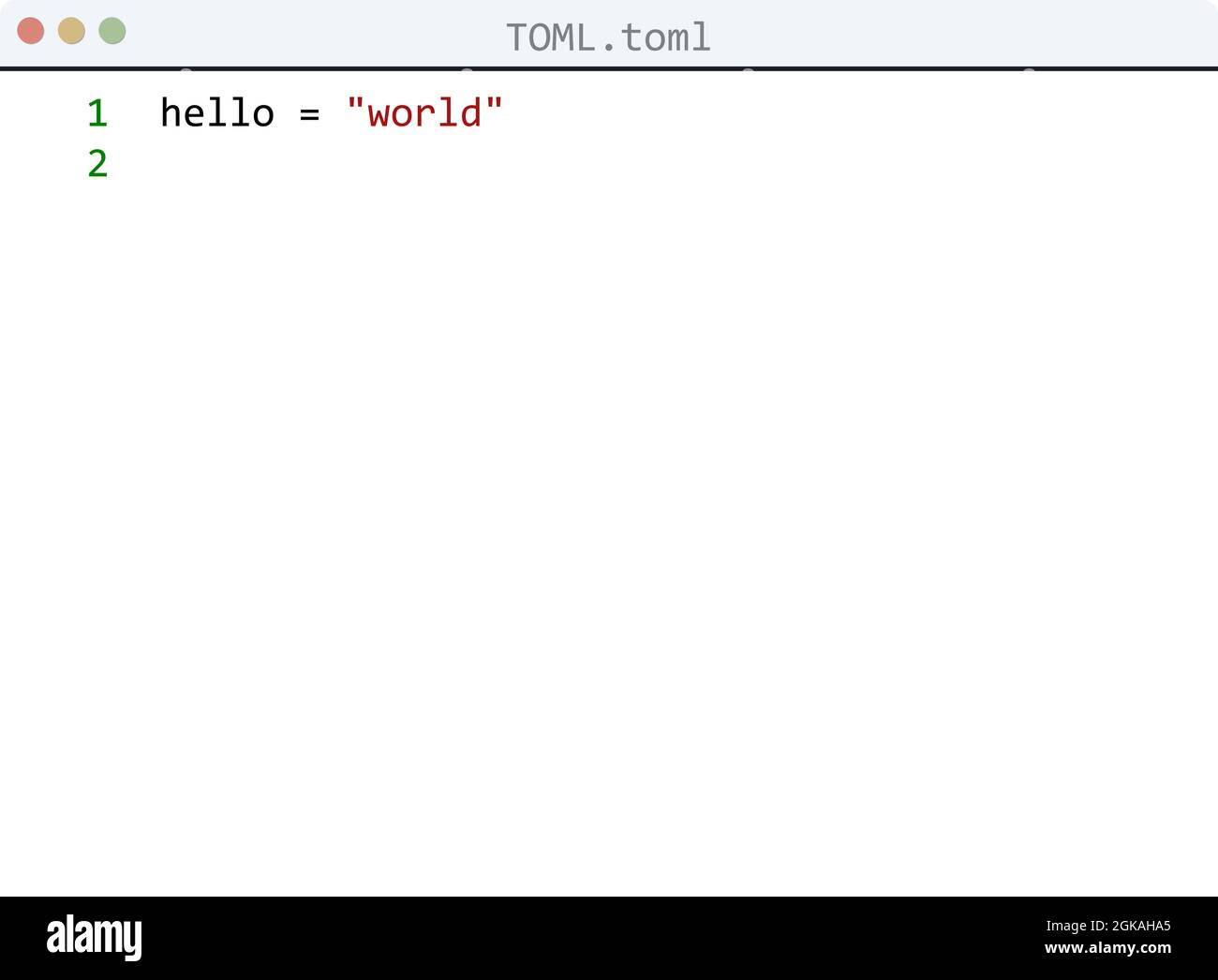 TOML language Hello World program sample in editor window illustration ...