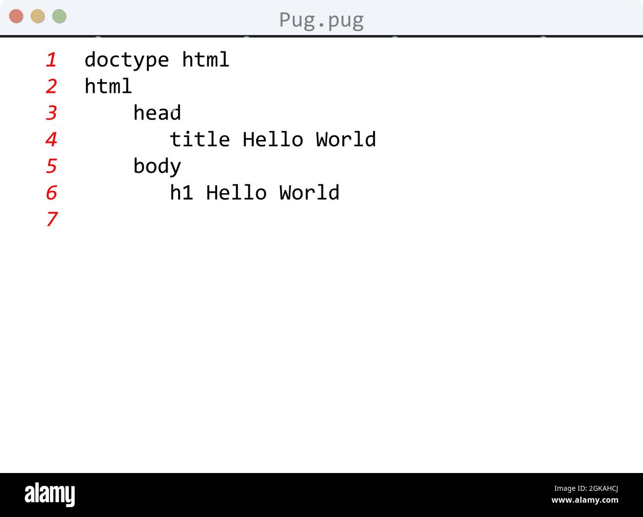 Pug language Hello World program sample in editor window illustration ...
