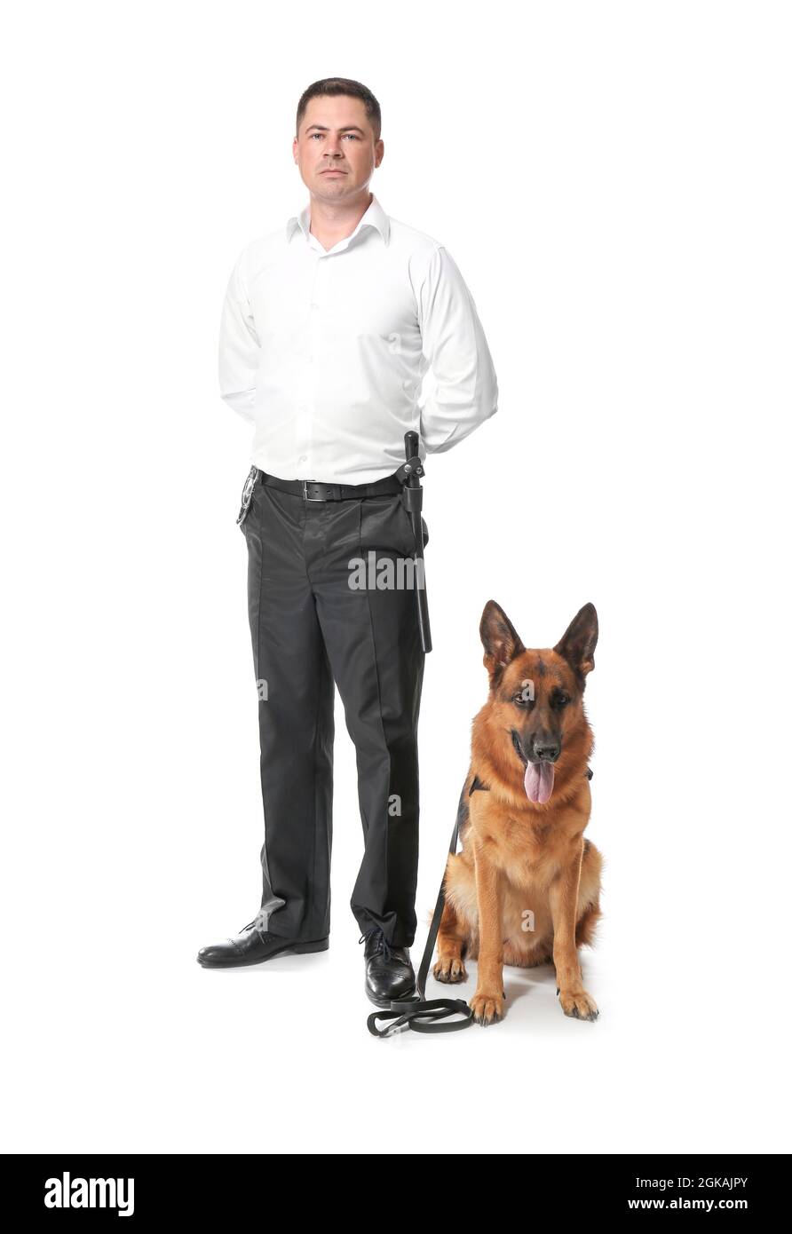 Security guard with dog on white background Stock Photo - Alamy
