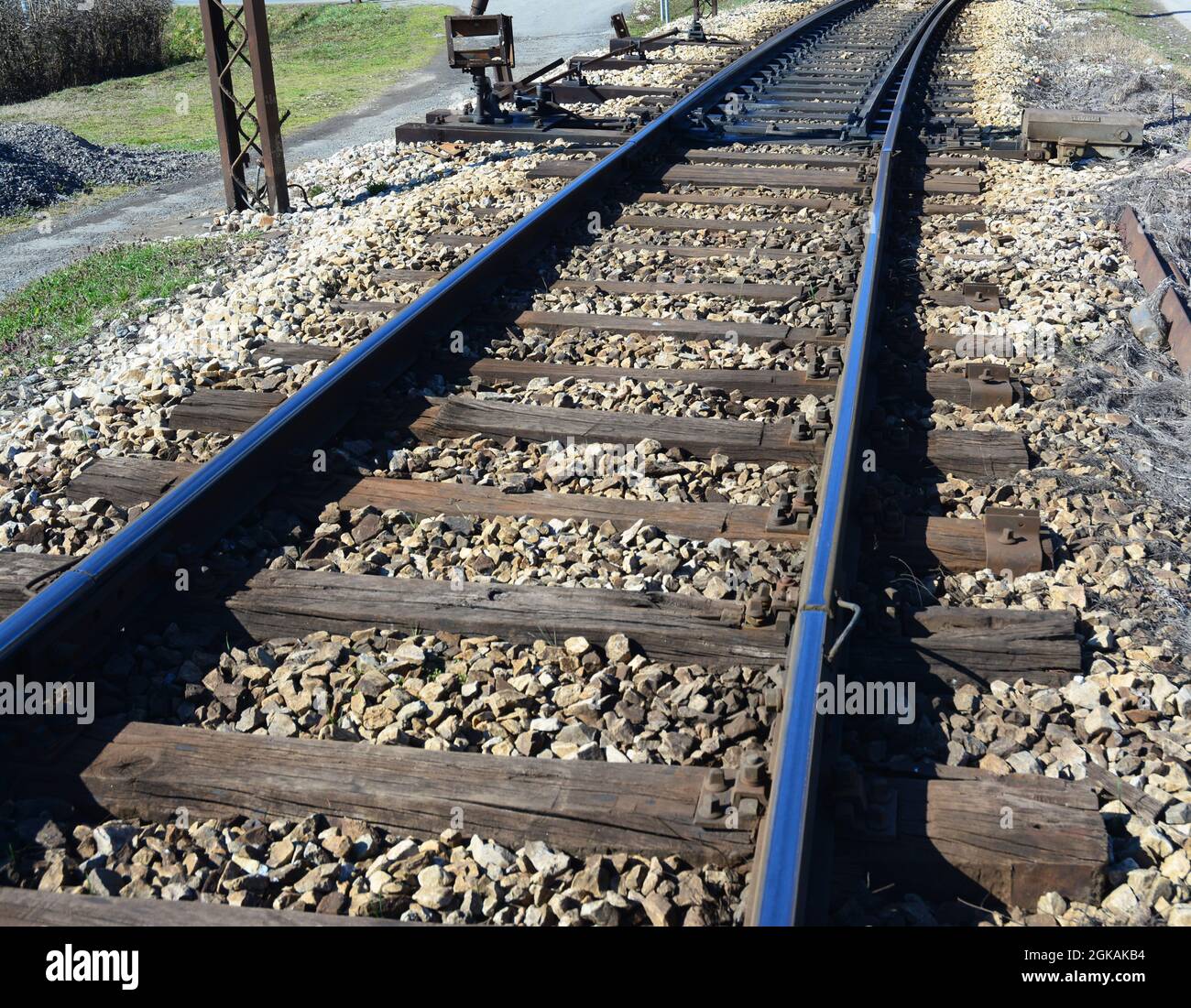a railway tracks and wooden sleepers Stock Photo - Alamy