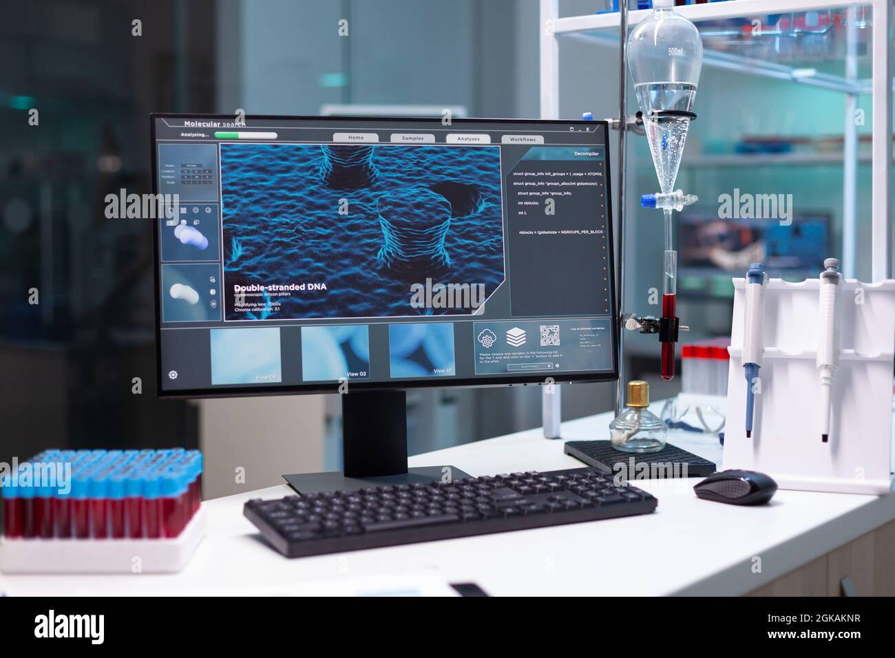 Close up of monitor with scientific dna illustration in empty ...