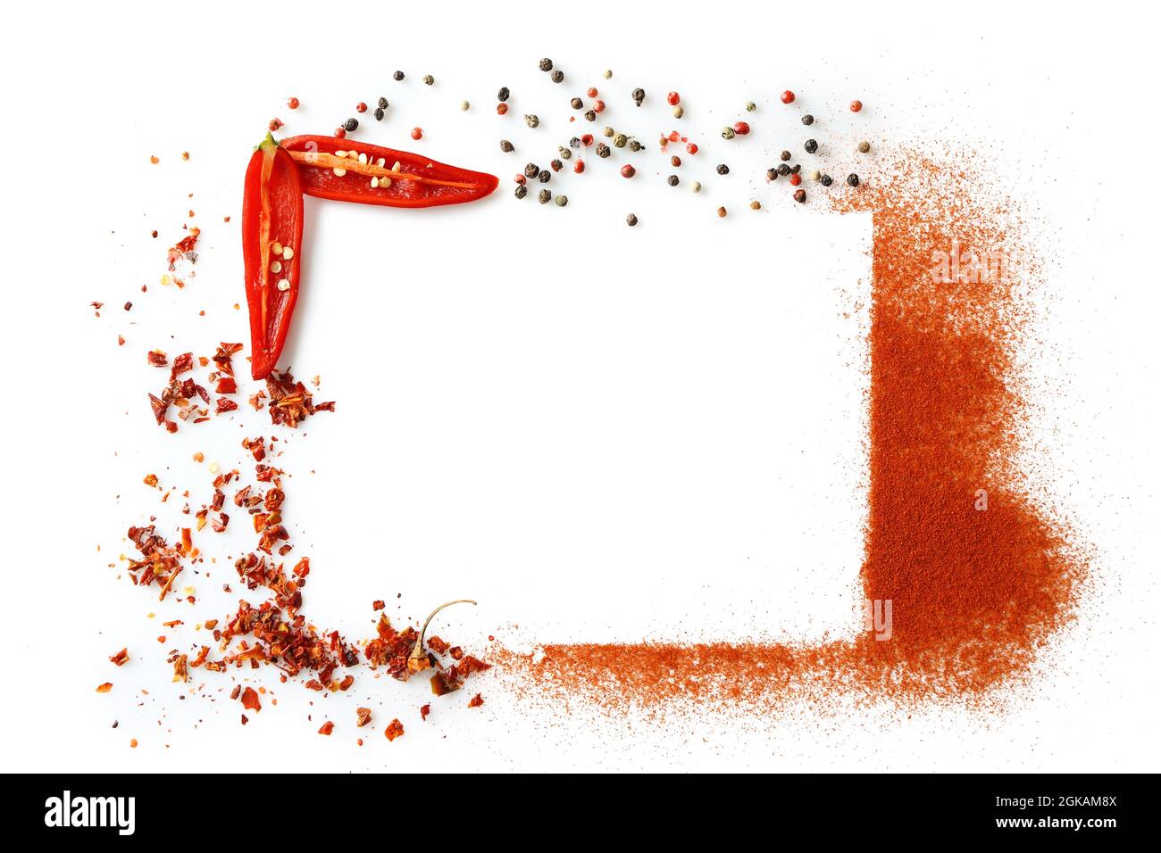 Composition with chili powder, raw pods and flakes on white background ...