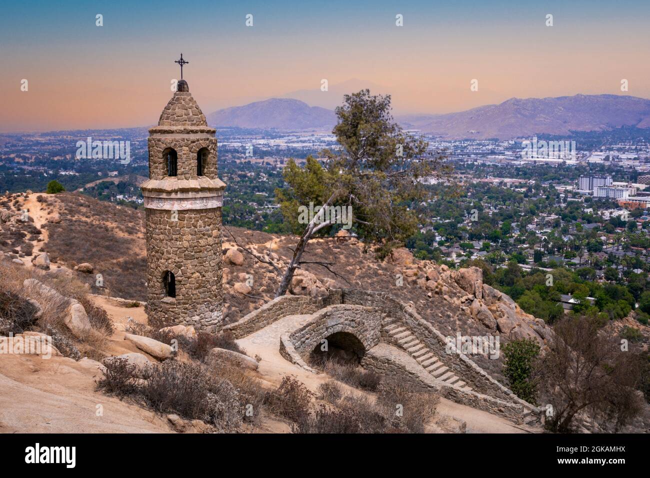 High angle shot world peace bridge with stone tower on mount rubidoux ...