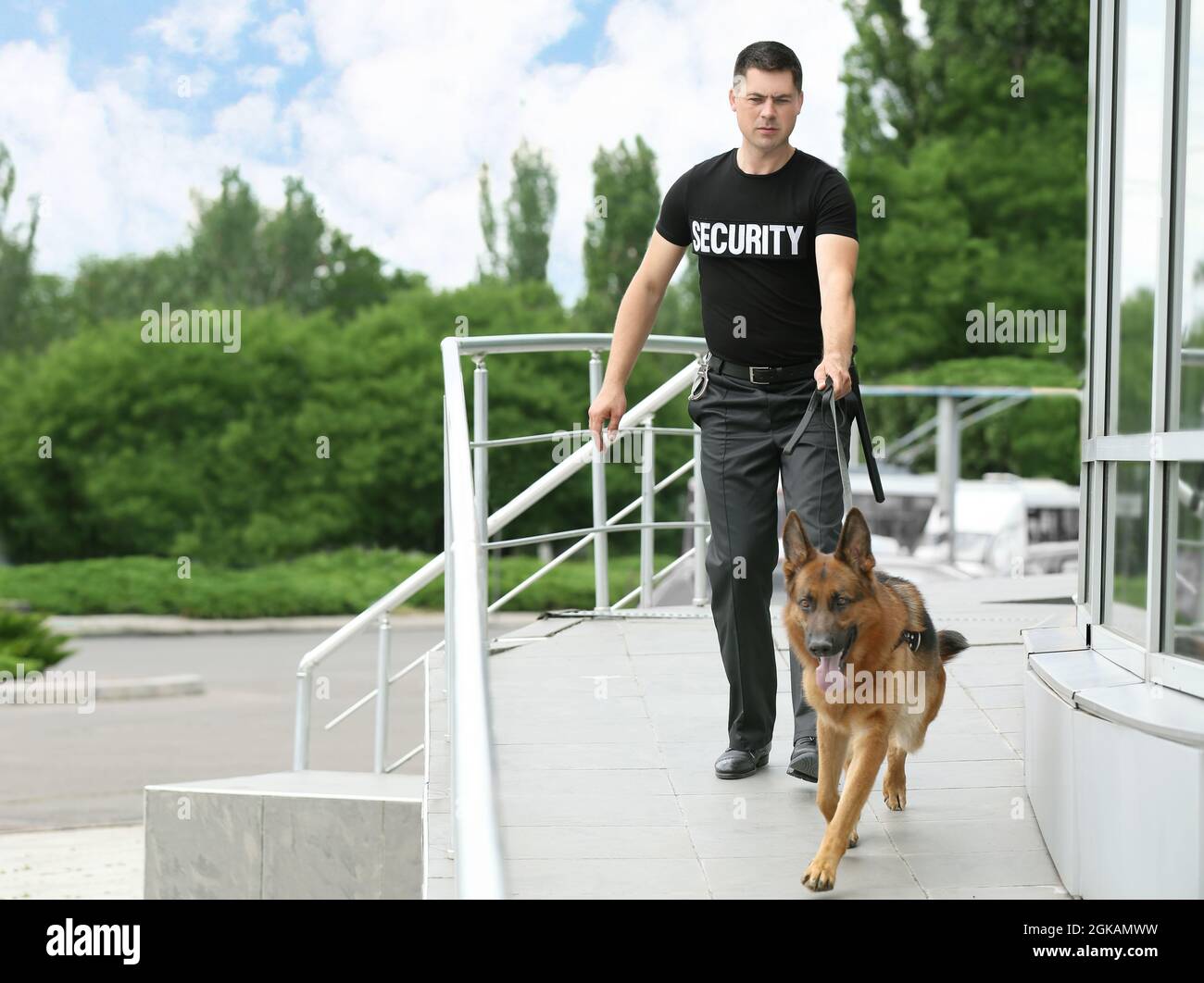 Security guard with dog near building Stock Photo - Alamy