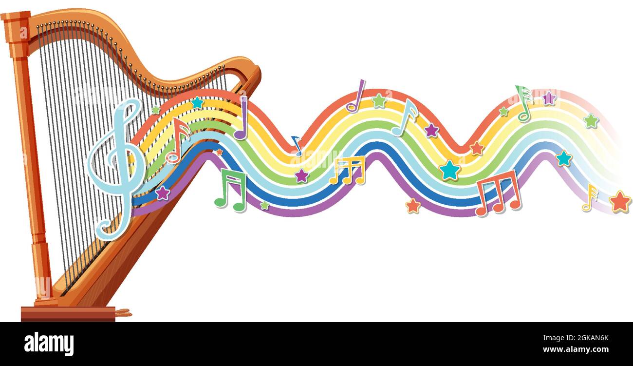 Harp with melody symbols on rainbow wave illustration Stock Vector ...