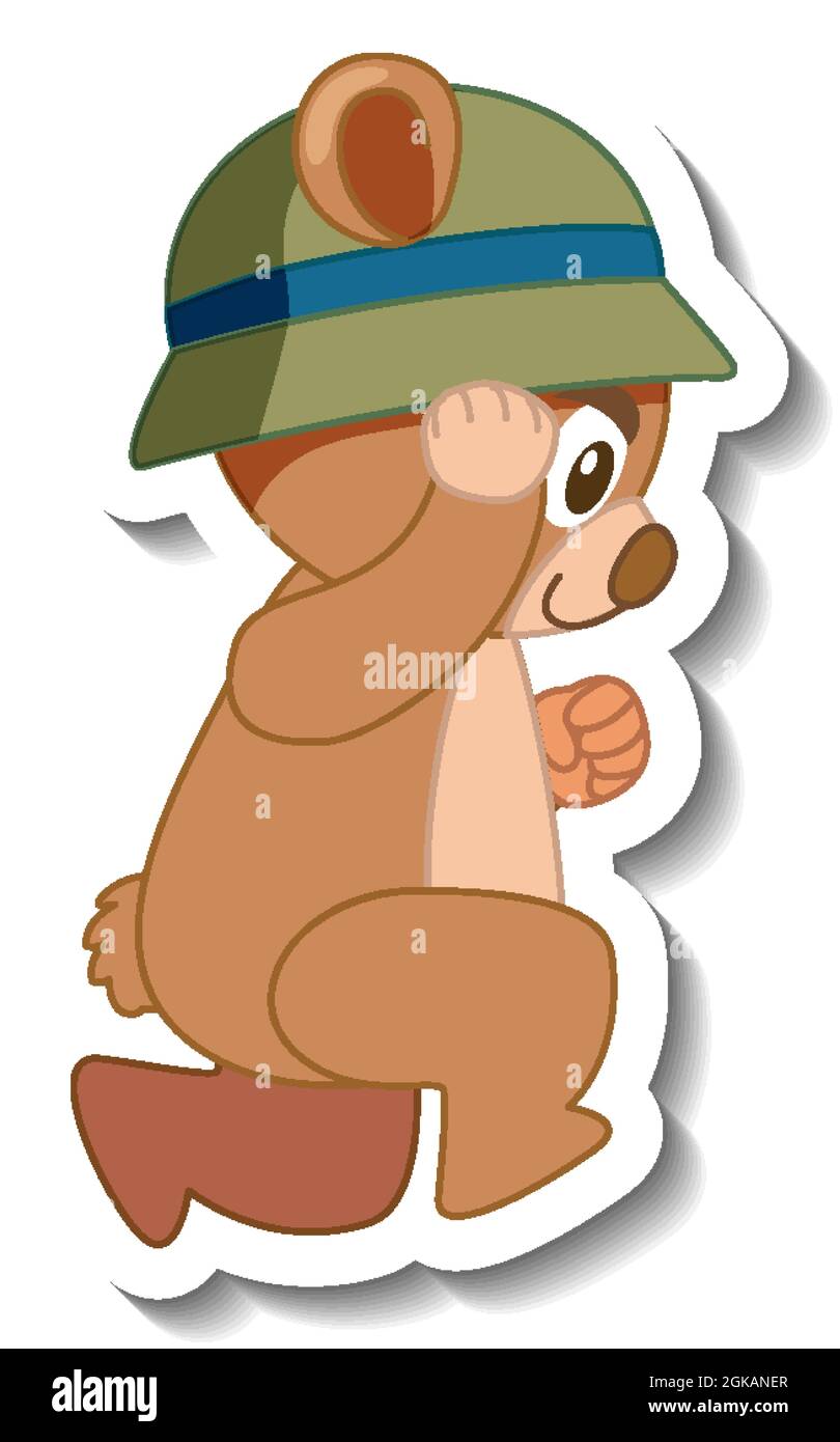 Cute bear cartoon wearing hat sticker side view illustration Stock ...