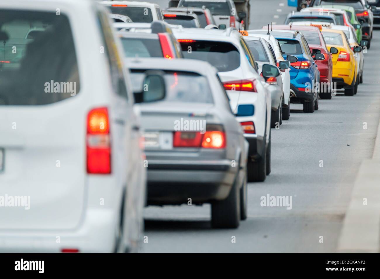 Traffic on a multi-lane road in big city center downtown Stock Photo ...