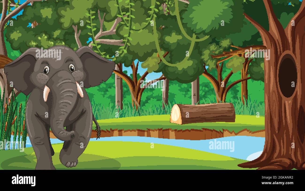 An elephant in forest scene with many trees illustration Stock Vector ...