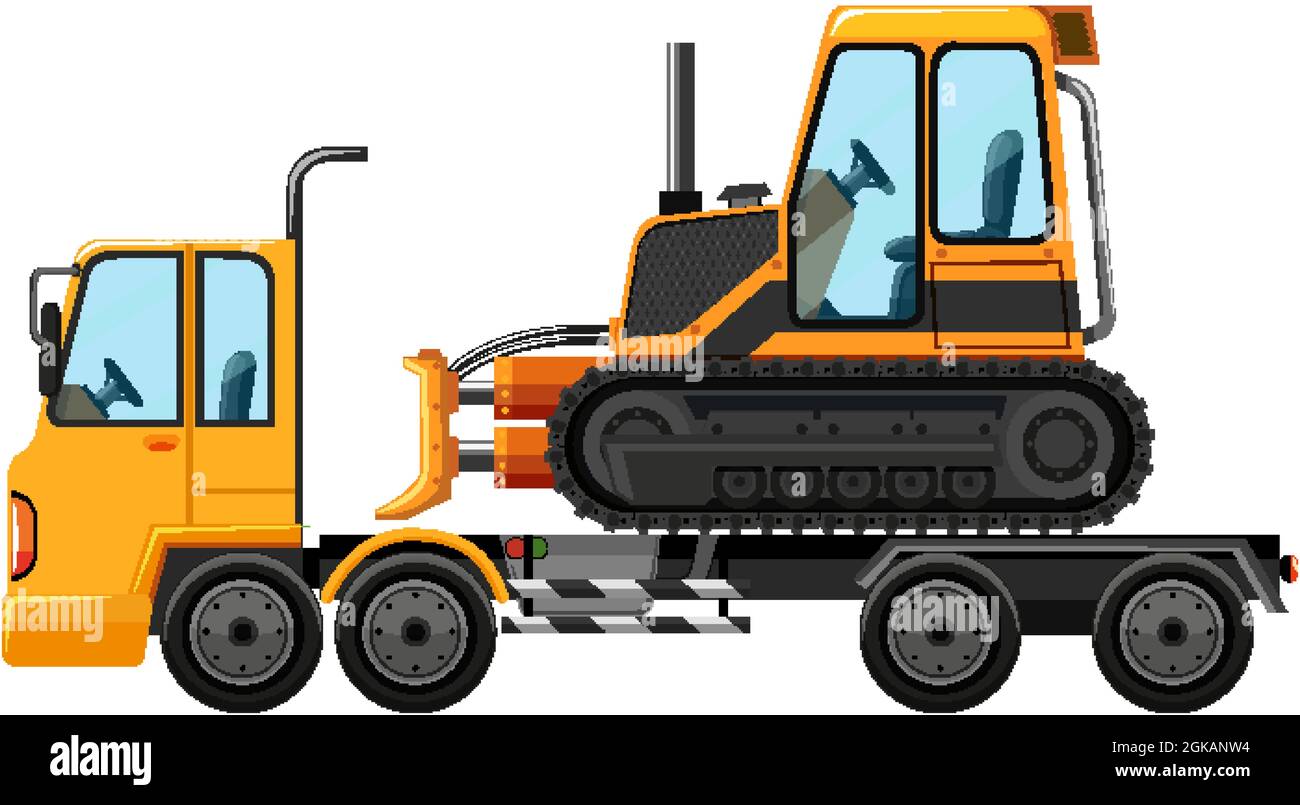 Tow truck carrying bulldozer isolated background illustration Stock ...