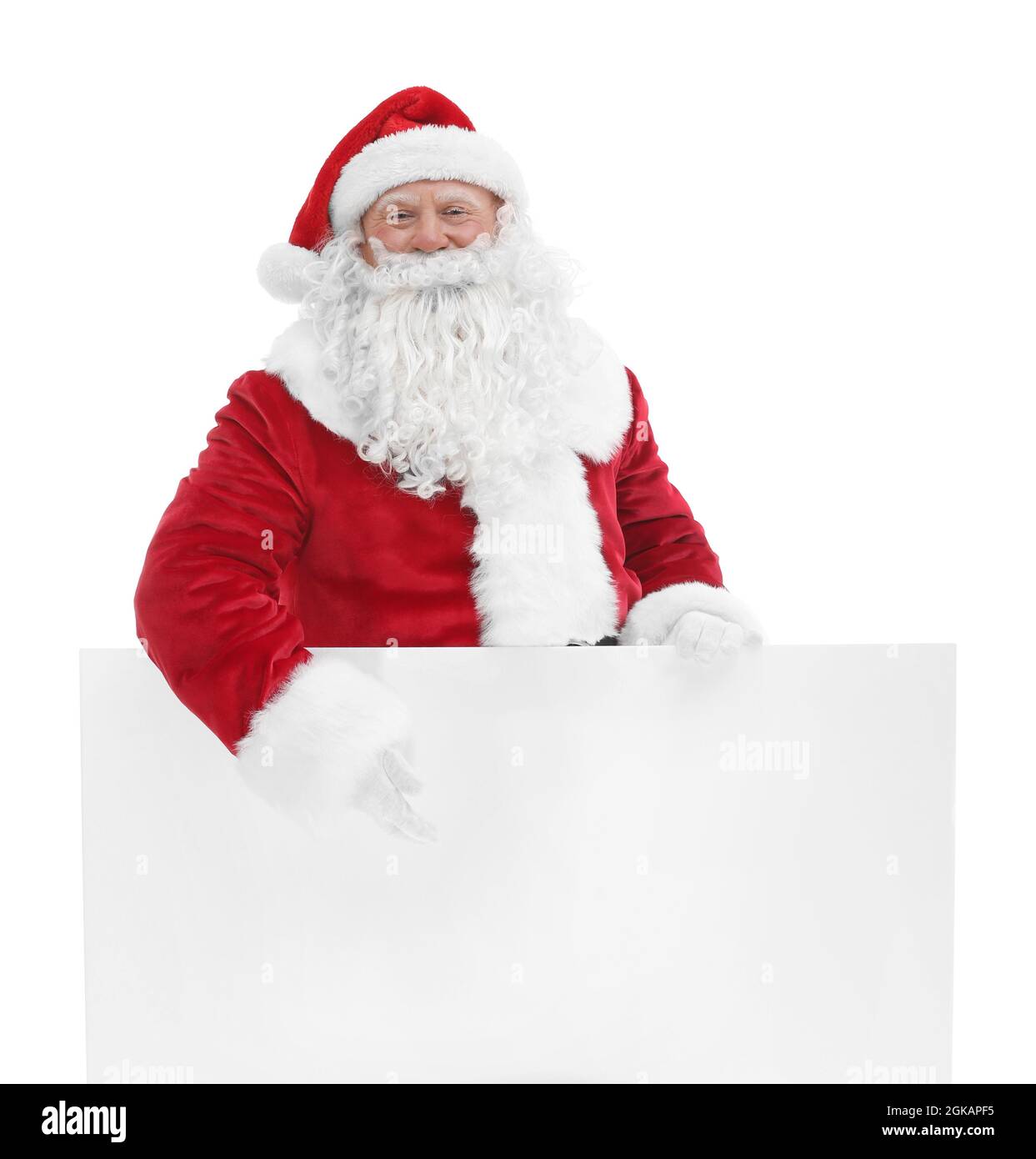 Authentic Santa Claus with poster on white background Stock Photo - Alamy