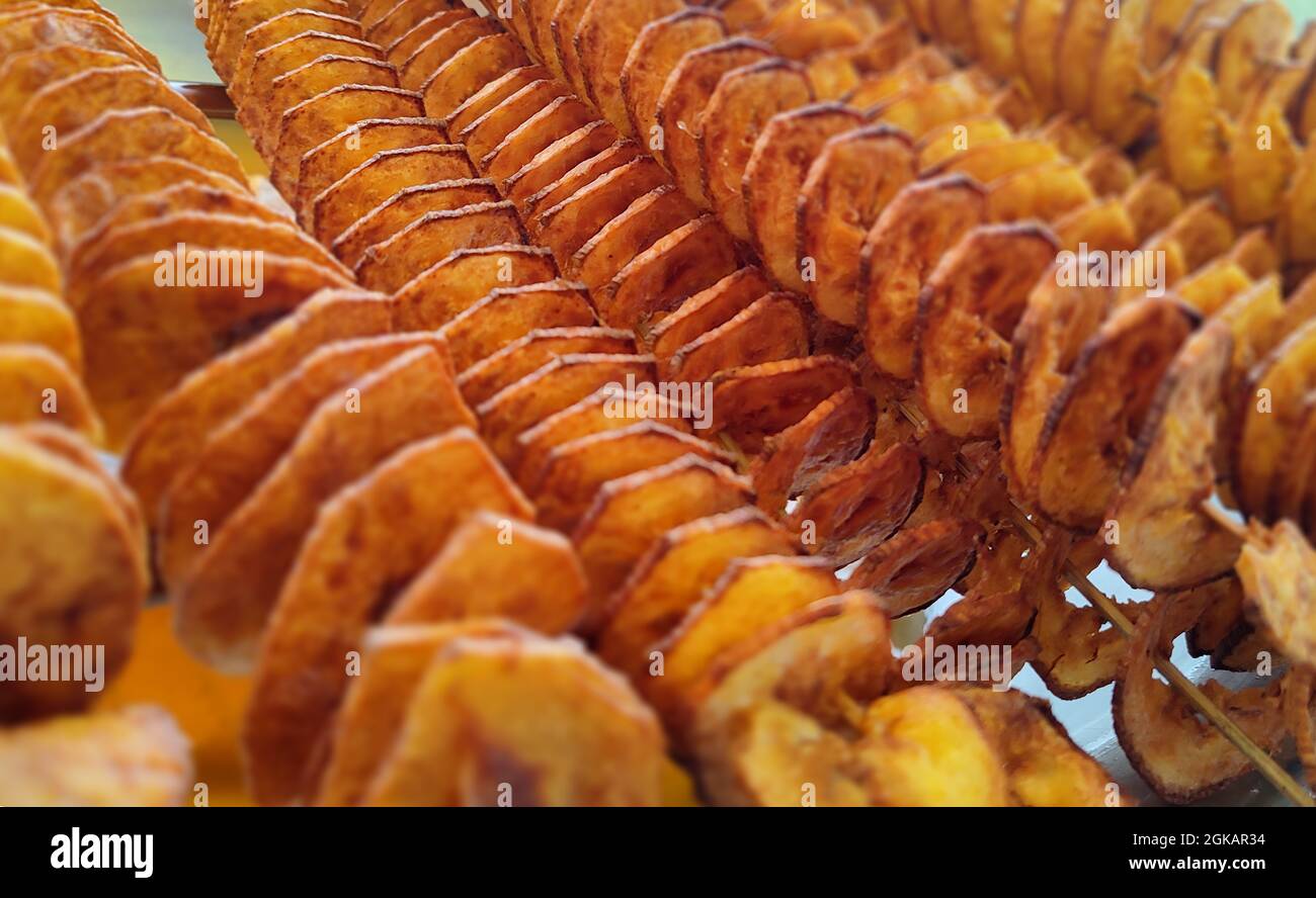Round twisted potato fry with stick.Crispy Potato Fry Stock Photo - Alamy