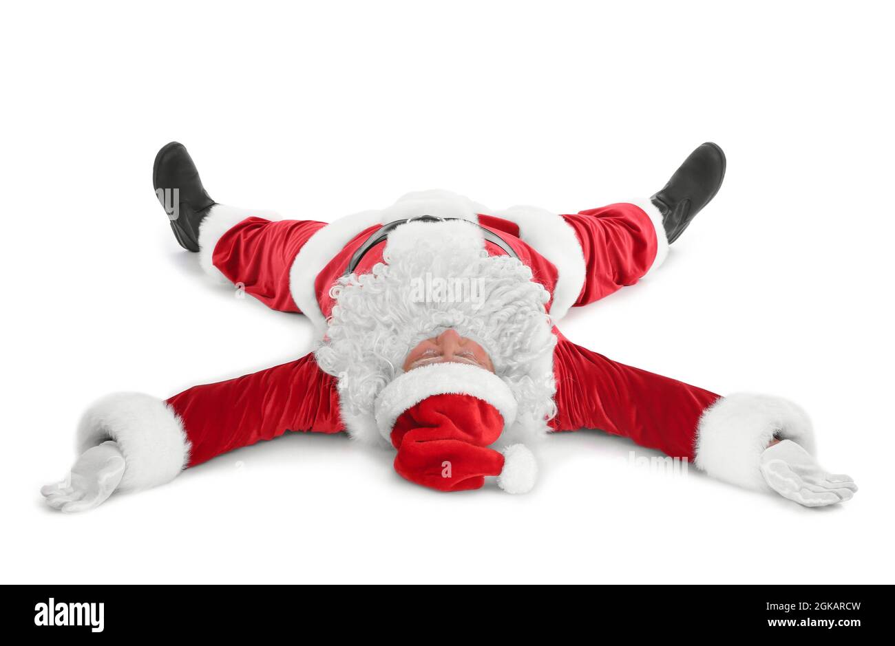 Happy authentic Santa Claus lying against white background Stock Photo ...