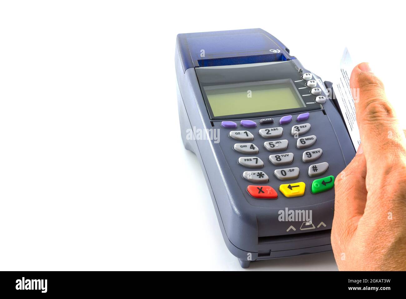 hand holding a credit card with credit card machine isolated on white ...