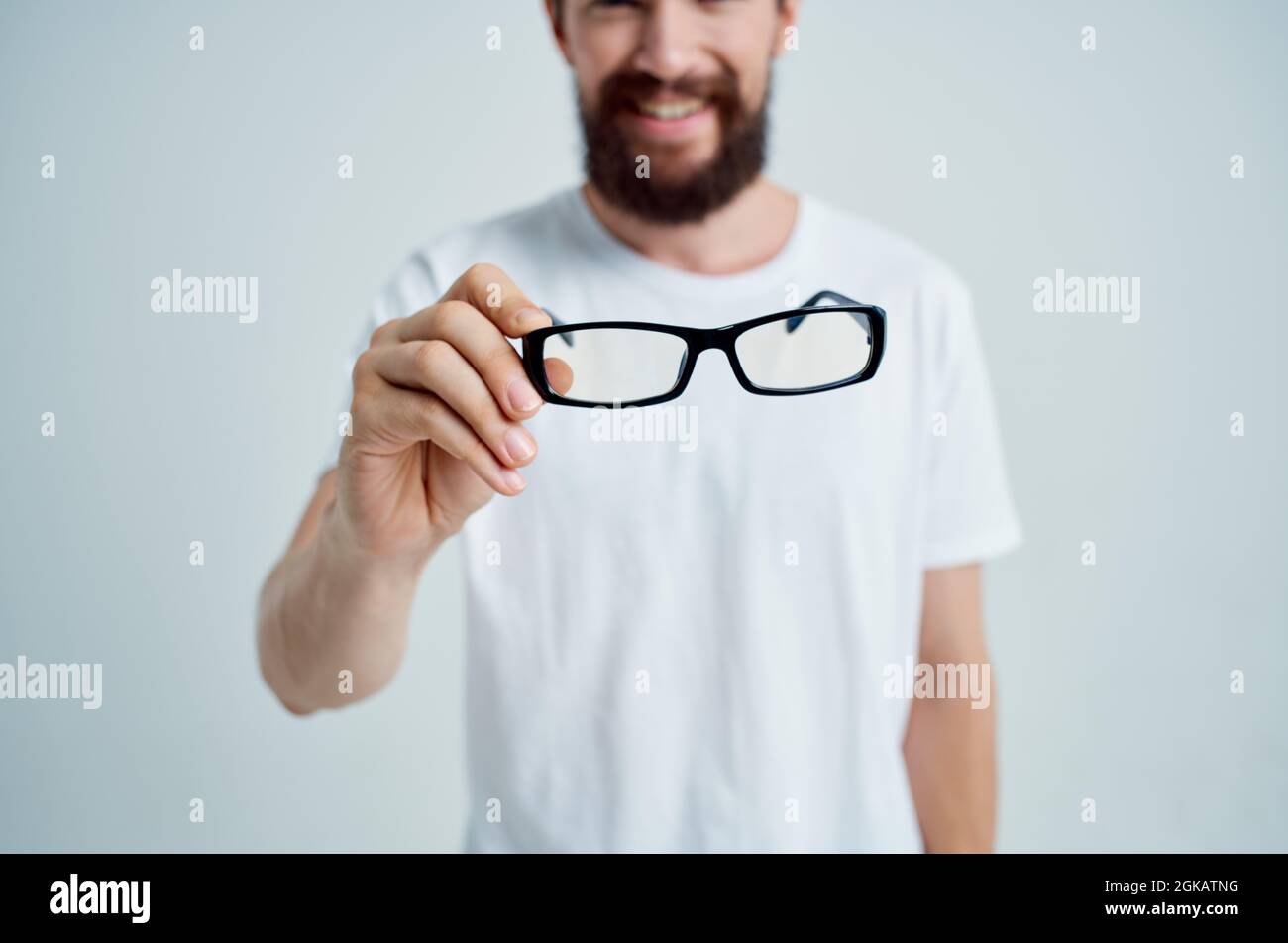 man with poor eyesight health problems isolated background Stock Photo ...
