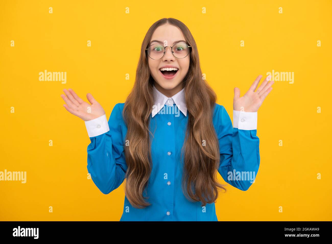 Beaming with happiness. Happy girl yellow background. Happy girlhood ...