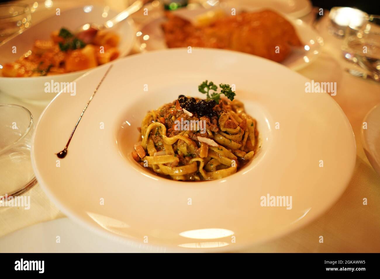 Close up dish of Tagliatelle pasta Al deer Ragu in Bolognese sauce ...