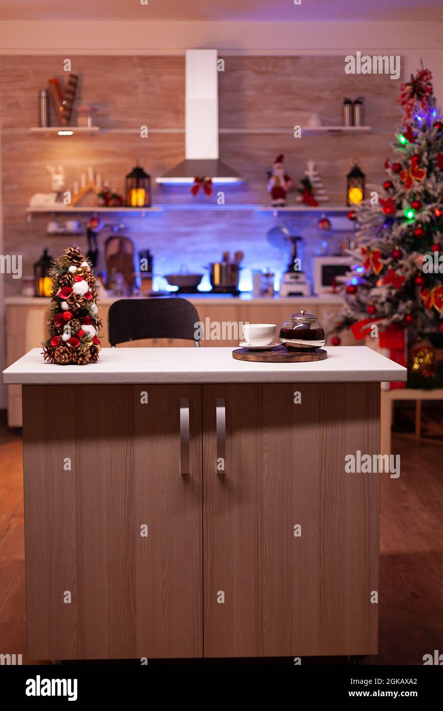 Empty room decorated with christmas ornaments, tree and festive ...