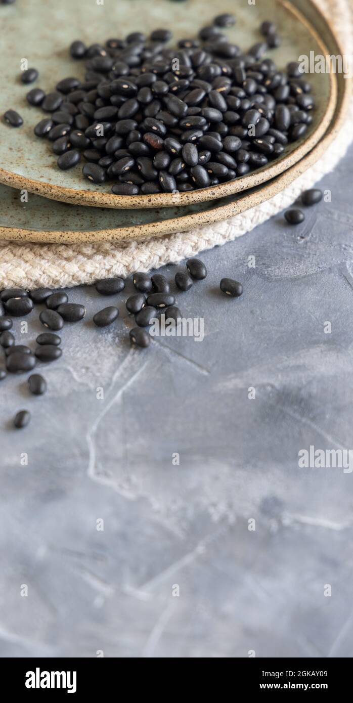 Ceramic plate full of dry black beans on grey table closeup with copy ...