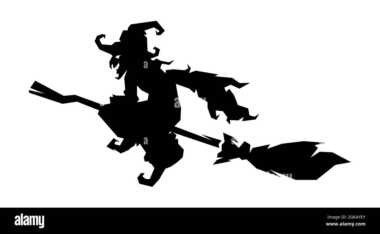 witch, hag silhouette flying with magic broom isolated on white ...